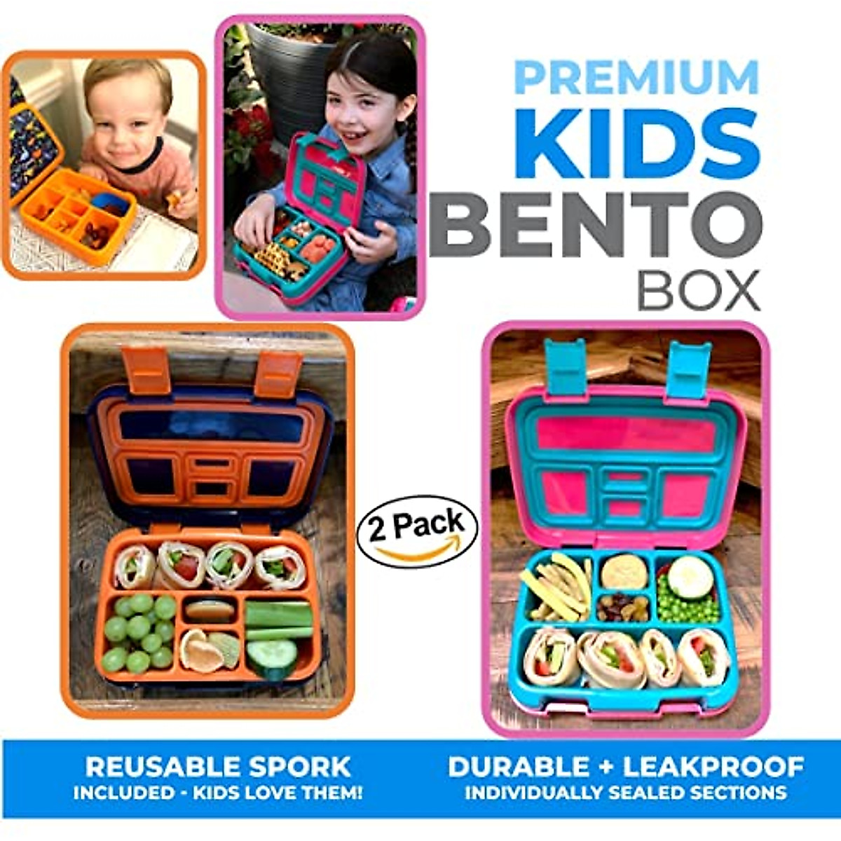 Bento Lunch Box for Kids Toddlers Boys Girls, 5 Portion Sections Secure Lid, Microwave Safe BPA Free Removable Tray, Pre-School Kid Daycare Lunches Snack Container, Unicorn Dinosaur 2 pack