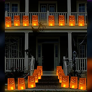 Halloween Luminary Bags Outdoor Paper Pumpkin Lantern Bags Flame Resistant Jack-o'-Lantern Bags Halloween Silhouette Luminary Candle Bags for Halloween, Party, Home Decorations (48 Pieces)