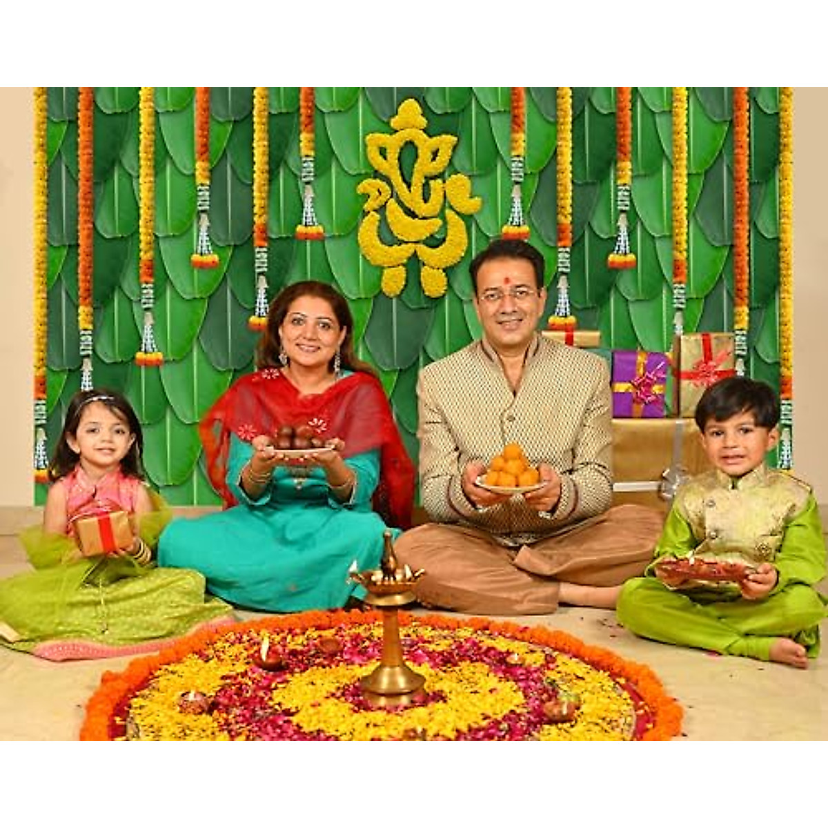 Ticuenicoa 7×5ft India Pooja Traditional Photography Backdrop Diwali Backdrops Banana Leaf Green Chatiya Ganesh Background Marigold Puja Ganpati Wedding Photo Tapestry Booth Props