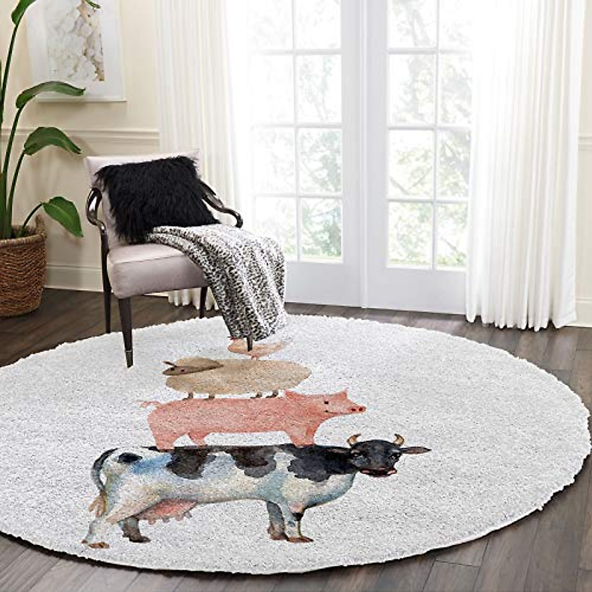 Shag Area Rug, 3ft Indoor Round Area Rugs- Cow Pig Sheep Chicken Farmhouse Animal Pattern Shaggy Carpet Nursery Rug for Kids Baby Bedroom Living Room Home Decor