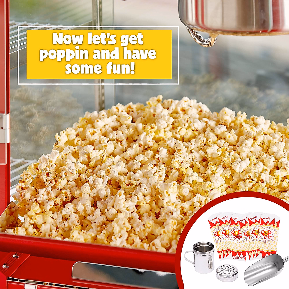 Popcorn Machine Supplies Set, 5 Bags Of Popcorn Kernels Kit (Large Butterfly Kernels, Salt Seasoning, and Popcorn Oil), 100 Popcorn Bags (1 oz. Paper), 1 Popcorn Scoop, 1 Popcorn Season Salt Shaker
