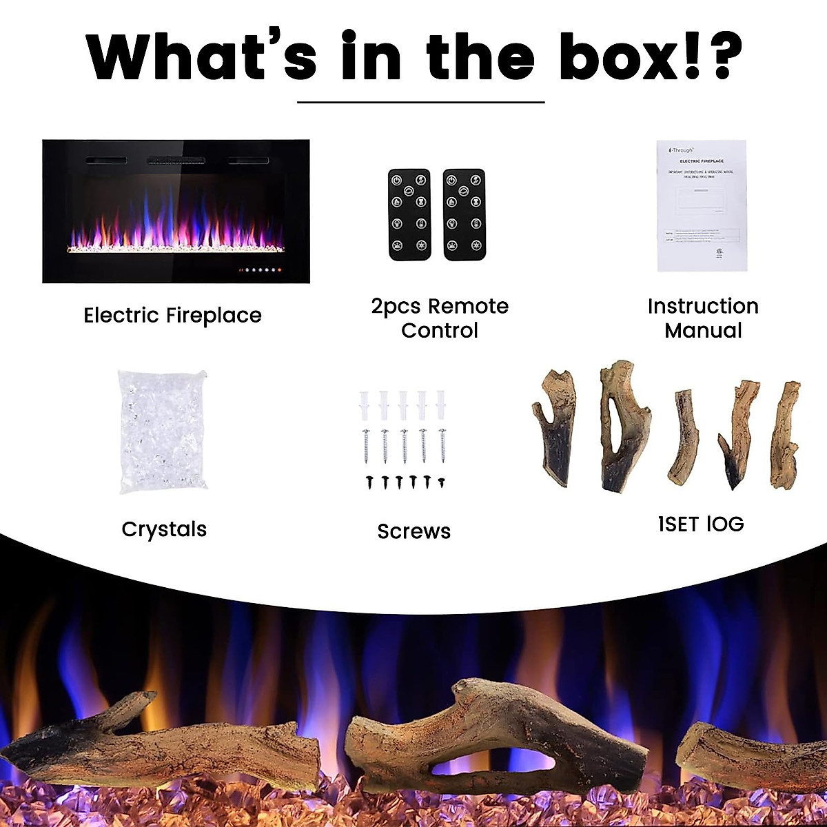 S-THROUGH 42 Inch Electric Fireplace Wall Mounted and Recessed, Linear Electric Fireplace with Remote Control & Timer, Touch Screen, Adjustable Flame Color, 750w/1500w Ultra-Thin Wall Fireplace Heater