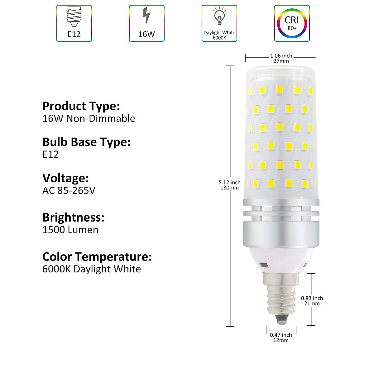 E12 LED bulbs, Candelabra LED Bulbs 100 Watt Equivalent,Daylight White 6000K, LED ceiling fan light bulbs,1500lm, Non-Dimmable LED light bulb, LED Chandelier Bulbs for Ceiling Fan,Home Lighting,4 Pack
