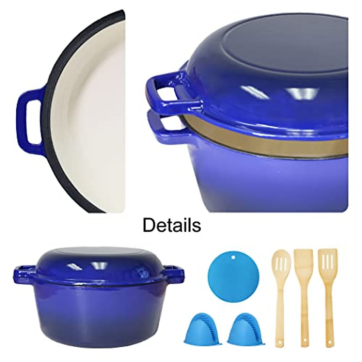 Enameled 2in1 Cast Iron Dutch Oven Pot with Grill Lid – 5 Quart Dutch Oven with Lid Cast Iron, 8pc Accessories Set, Never Needs Seasoning, Cobalt Blue Enamel Dutch Oven for Cooking & Baking