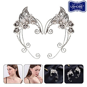 Generic Elf Ear Cuffs Handmade Clip on Earrings Pearl Crystal Wing Tassel Filigree Elven Earrings Wedding Holiday Jewelry Gift, 8x3.5cm, M9111009SU