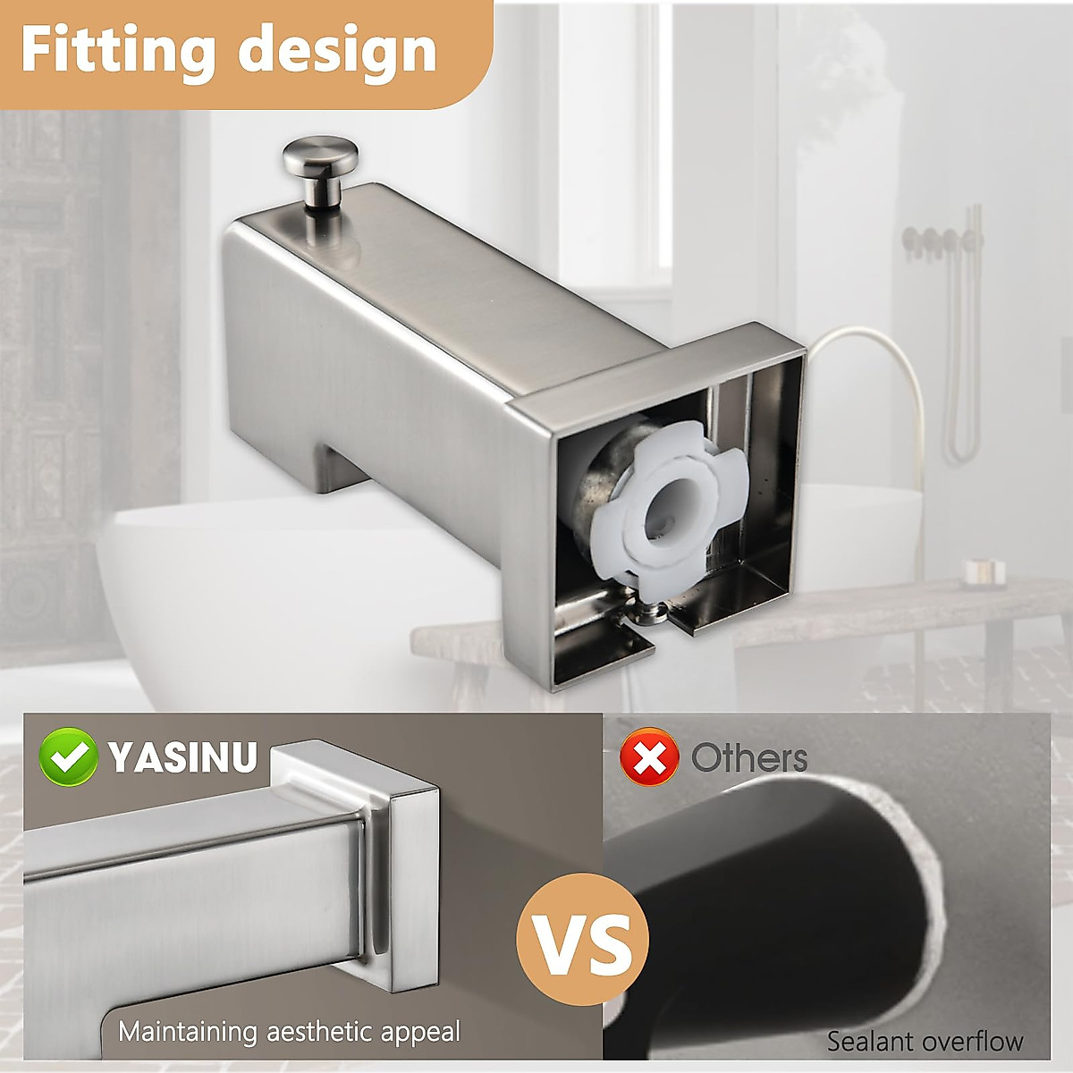 YASINU Slip On Diverter Tub Spout, Sleek Square Design for Bathroom, Fits 1/2" Copper Pipe (5/8" OD), Child-Safe Rounded Edges, Easy Installation, Brushed Nickel