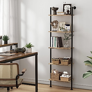 5-Tier Bookshelf Solid Wood Ladder Shelf, Narrow Book shelf Display Shelf, Wooden Ladder Shelf Bookcase, Wall Mount Ladder Shelf, Storage Rack for Living Room, Bedroom, Industrial Style, Rustic Brown