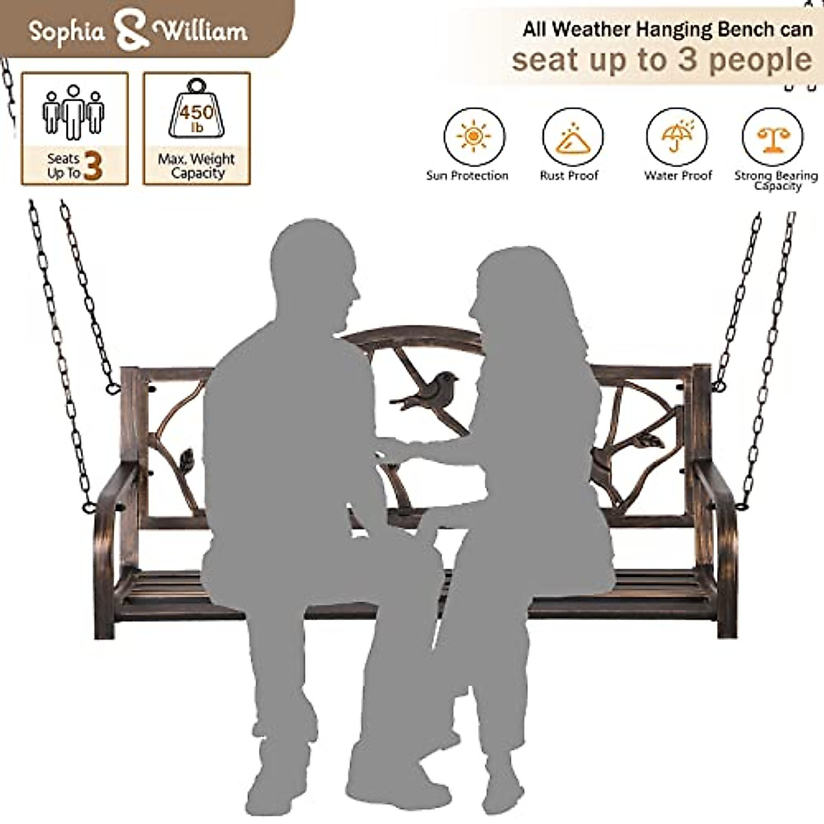 Sophia & William Outdoor Porch Swing Chair Hanging Patio Metal Bench Heavy Duty Swing Garden Bench with Bird Pattern Backrest, 450lbs Weight Capacity