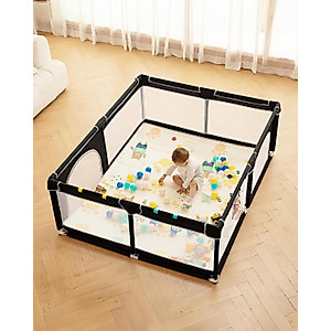 dearlomum Baby Playpen with Mat 71" X 59", Extra Large Play Yard for Babies and Toddlers, Safety Baby Fence, Indoor & Outdoor Kids Activity Play Center with Anti-Slip Suckers and Zipper Gate(Black)