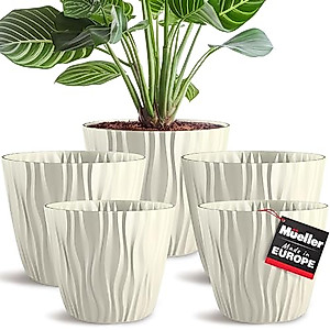 Mueller European-Made 5/1 Plant Pots 6/7.5/9.2" - Flower Pots Set with Inner Drainage for Indoor and Outdoor Use - Modern Decorative Planters for Plants, Flowers, and Herbs - Beige