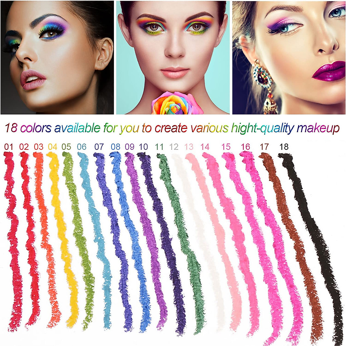 18 Colorful Eyeliner Pen Set, Eye Shadow Pencil, Pearl Eyeliner Kit Metallic Glitter Colored Eyeliner for Women Eye&Lip Liner Professional Waterproof Retractable Eye Makeup