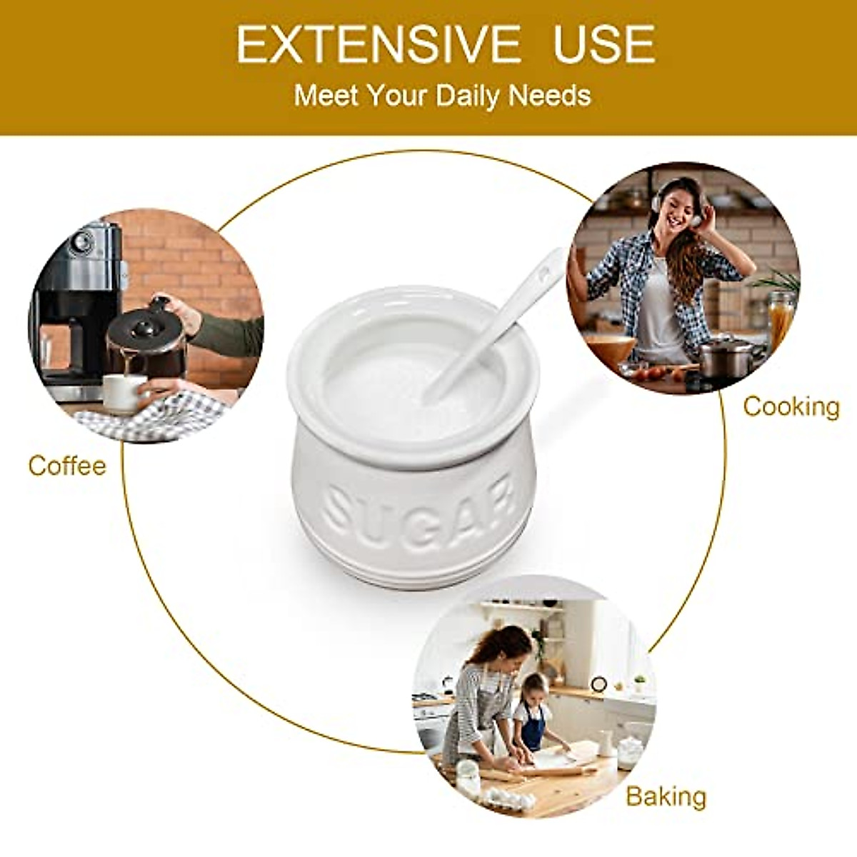 NAXIHOPT Sugar Bowl with Lid and Spoon, Ceramic Sugar Containers for Countertop, Sugar Cube Jar Coffee Bar Accessories, Covered Sugar Holder for Kitchen 12oz, White