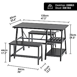 sogesfurniture 3-Piece Dining Room Table Set, Kitchen Table with Bench, Breakfast Table with Wine Rack and Glass Holder for Home, Kitchen, Dining Room (47.2", Black)