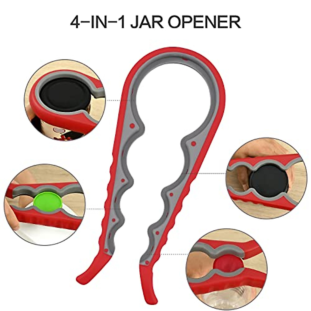 Elyum Jar Opener, 5 in 1 Bottle Opener Multi-Function Can Opener with Silicone Handle, Jar Opener for Weak Hands, Seniors with Arthritis, Lid Opener for Children (Red, 2-Piece Set)