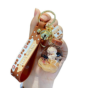 HSYHERE Men Women Creative Interesting Floating Milk Tea Brown Bear Lucky Bottle Keychain Keyrings, Bubble Moving Liquid Sand Car Chain Key Ring Bag Pendant Key Holder -Water Bottle