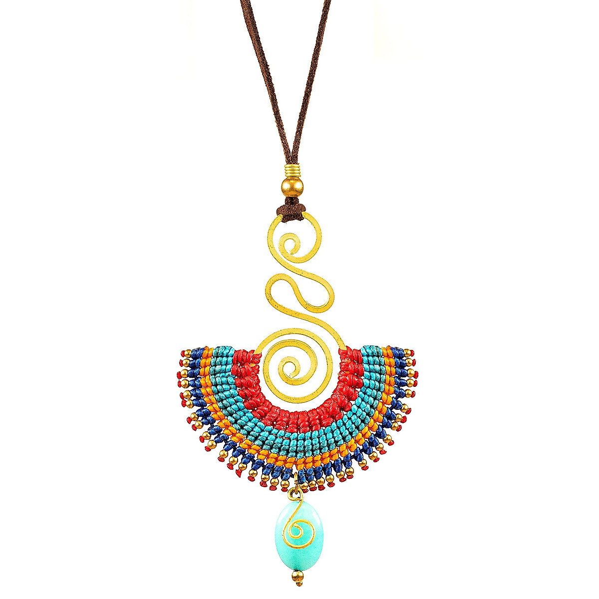 Boho Hippie Necklace for Women, Ethnic Gold Necklace, Handmade with Natural Crystal, Adjustable Length, Pendant Necklace, Aesthetic Jewelry, Women Gift (Red Blue Yellow Navy Blue)