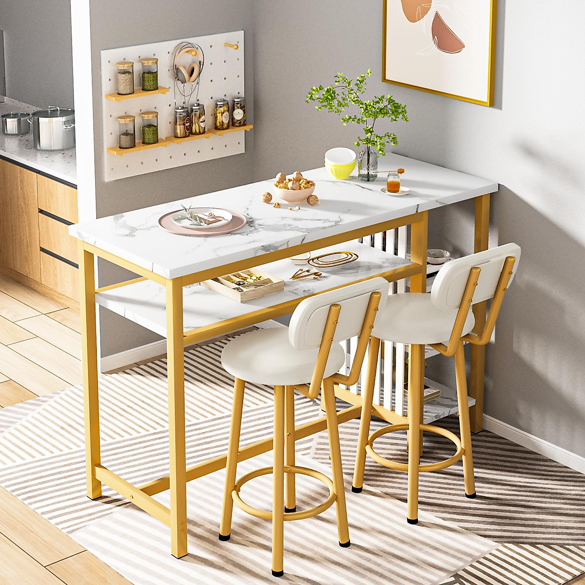AWQM Bar Table Set of 2 with Storage Shelves, 47" White Faux Marble Dining Set with 2 Upholstered Counter Height Backrest Chairs, 3-Piece Dining Set for 2, Space Saving Table for Home & Kitchen