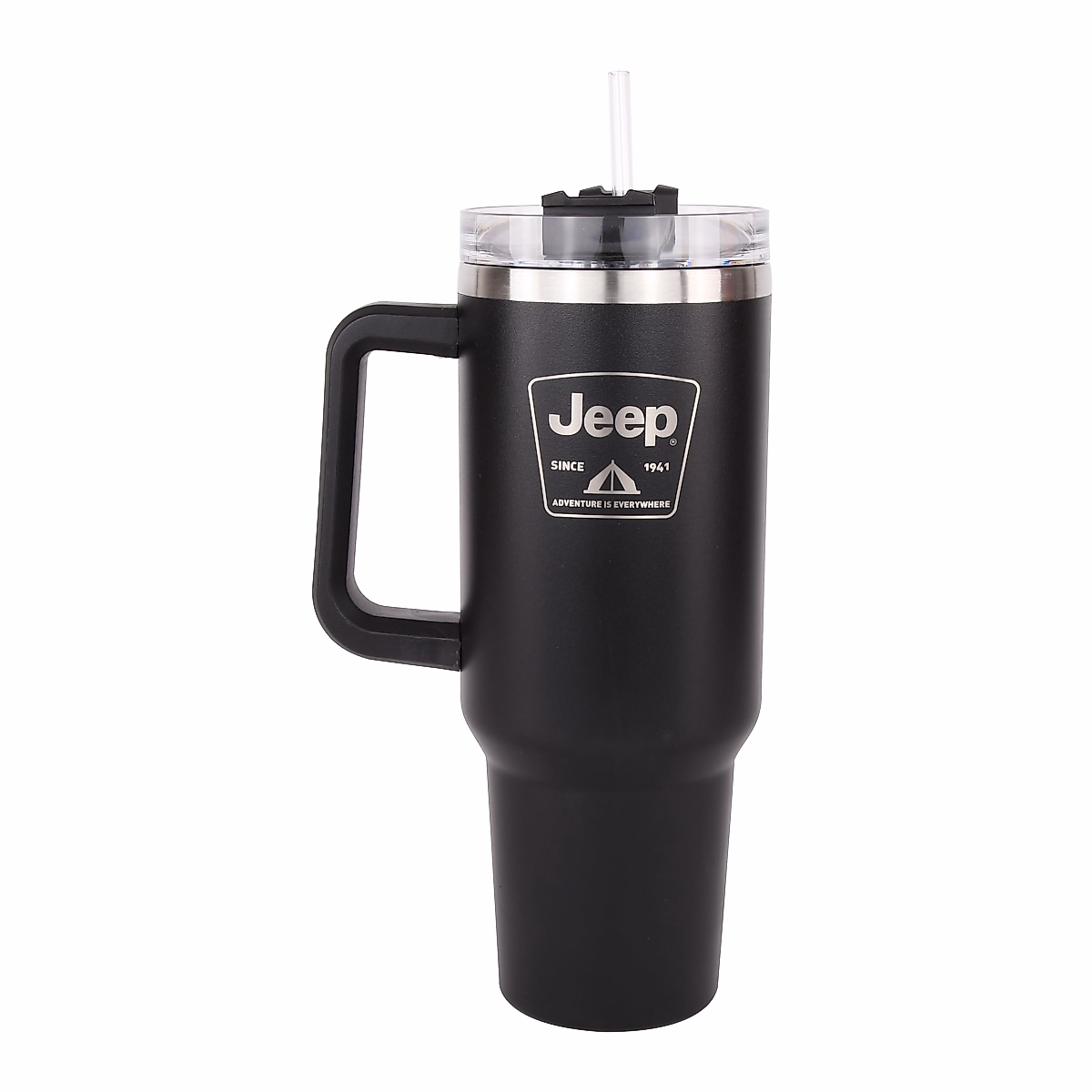 Jeep Adventure is Everywhere Since 1941 Tent Badge Logo 40 oz Insulated Travel Mug Tumbler with Handle | Double Wall Vacuum Sealed Stainless Steel Cup w/Straw and Lid (Black)