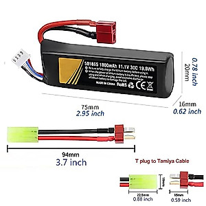 30C 11.1v lipo Battery Airsoft T Plug Connector with USB Charger T Plug to Mini Tamiya Cable Compatible with Airsoft Gel Water Bead Blaster Rechargeable Batteries Gel Blaster Accessories 2 Pack