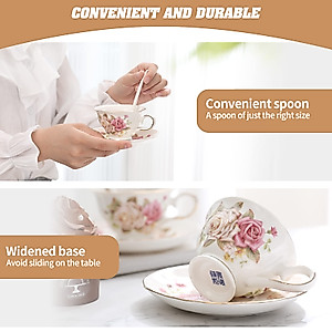 Viktorwan Porcelain Tea Cup and Saucer Coffee Cup Set with Saucer and Spoon, Set of 7 (2 Tea Cups, 2 Saucers, 2 Spoons, and 1 Bracket)