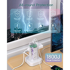 Power Strip Tower Surge Protector - 10 FT Extension Cord with Multiple Outlets, 12 Outlets 4 USB Ports Electric Power Tower, Flat Plug, Desktop Charging Station for Office Home Dorm Essentials White