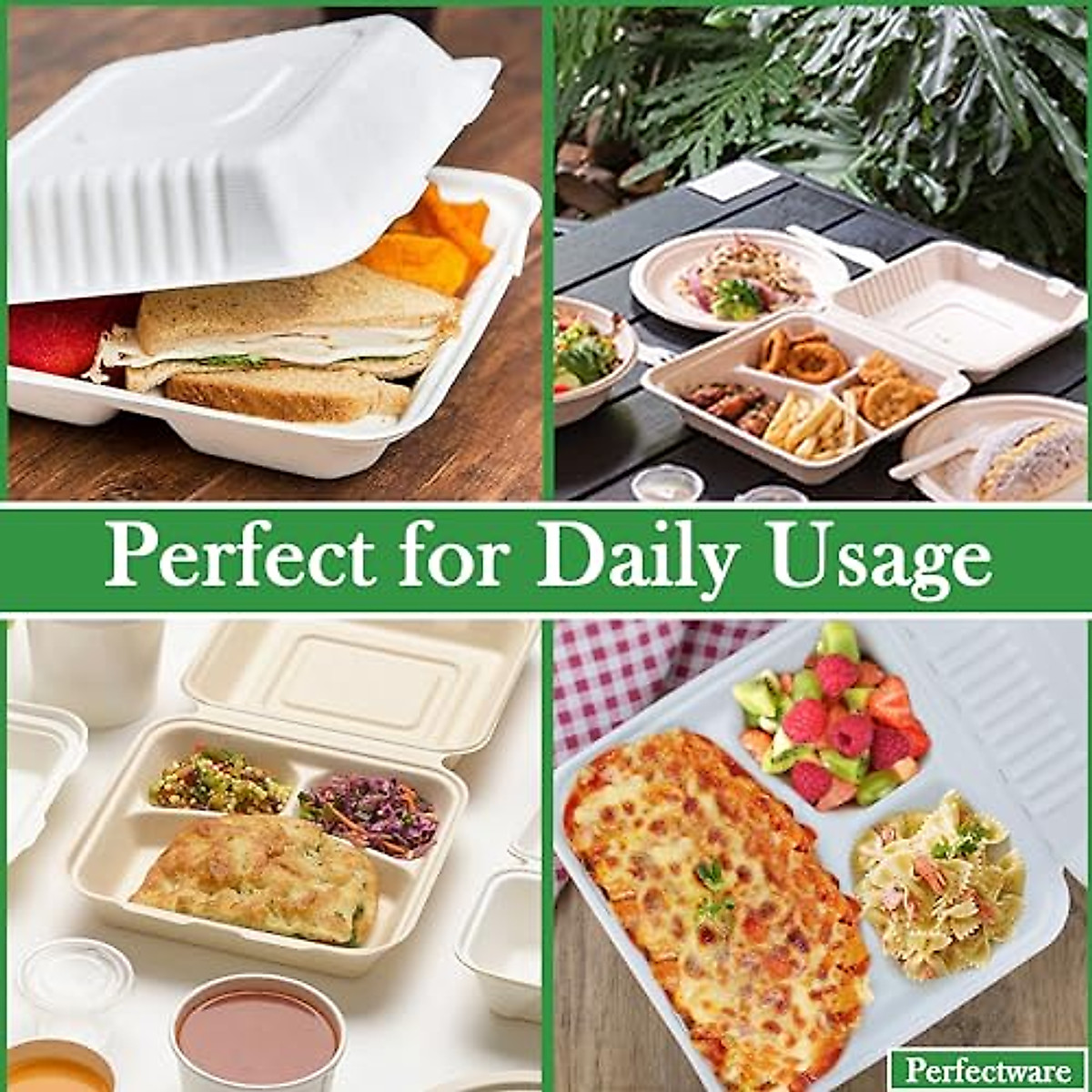 Perfectware 100% Compostable 3 Comp Take Out Food Containers 9x9". 25 Containers, Natural Disposable Bagasse, Eco-Friendly Biodegradable Made of Sugar Cane, Green (PW3comptbagasse-25ct)