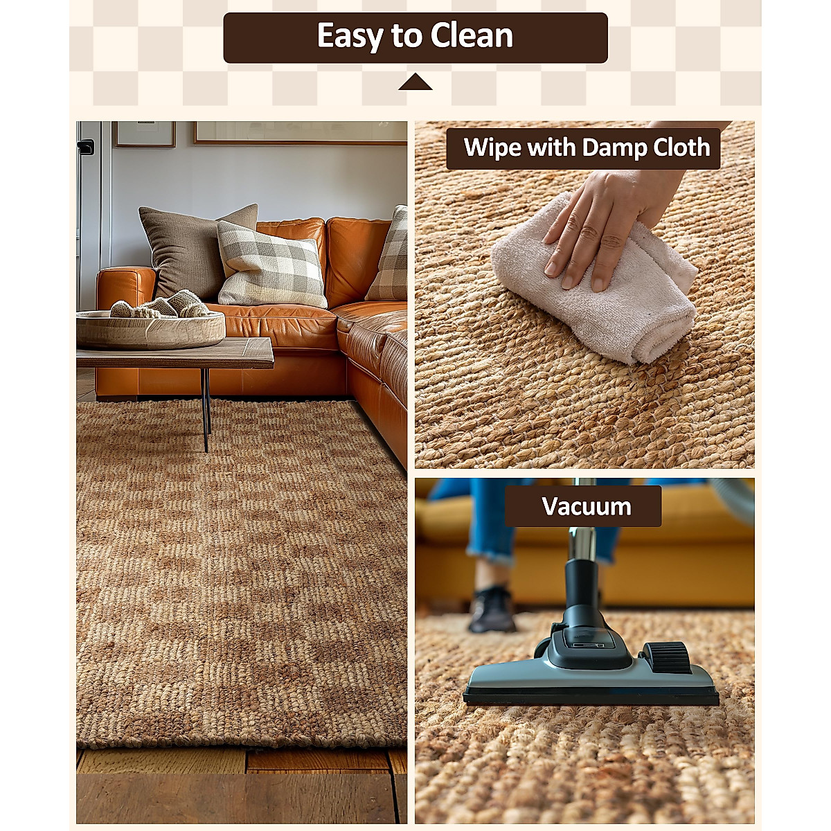 SUMGAR Neutral 100% Jute Rug 8x10 Ft Hand Woven Boho Area Rug Fiber Braided Checkered Large Carpet Home Decor for Living Room Bedroom Dining Room