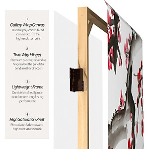 Red Lantern 4 ft. Short Double Sided Plum Blossom Canvas Folding Screen 6 Panel Freestanding Partition and Separator for Modern and Contemporary Bedroom, Home Office, Studio, Dorm, Apartment