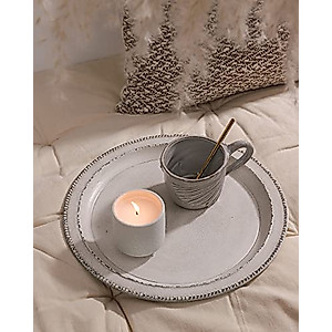 RM ROOMERS White Round Wooden Tray, Decorative Round Tray with Tiny Bead Stringing, Coffee Table Tray Circle, White Round Serving Tray for Living Room, Farmhouse