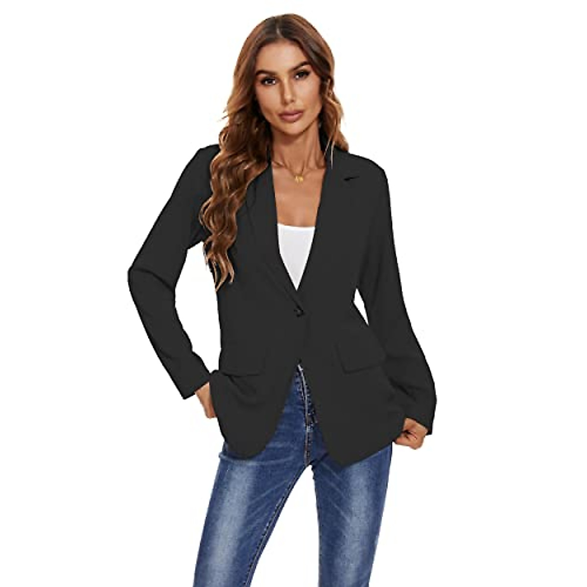 Women's Casual Blazers Long Sleeve Open Front Lapel Collar Work Office Blazers Jacket with Pockets Black