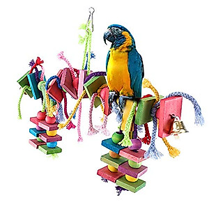 LITTLEGRASS Bird Chew Toy with Bells Knots Block Parrot Chewing Toys Natural Colorful Wooden Cage Perch Accessories Hanging Decorative for Parrots African Grey Cockatiels Parakeets Conures Lovebirds