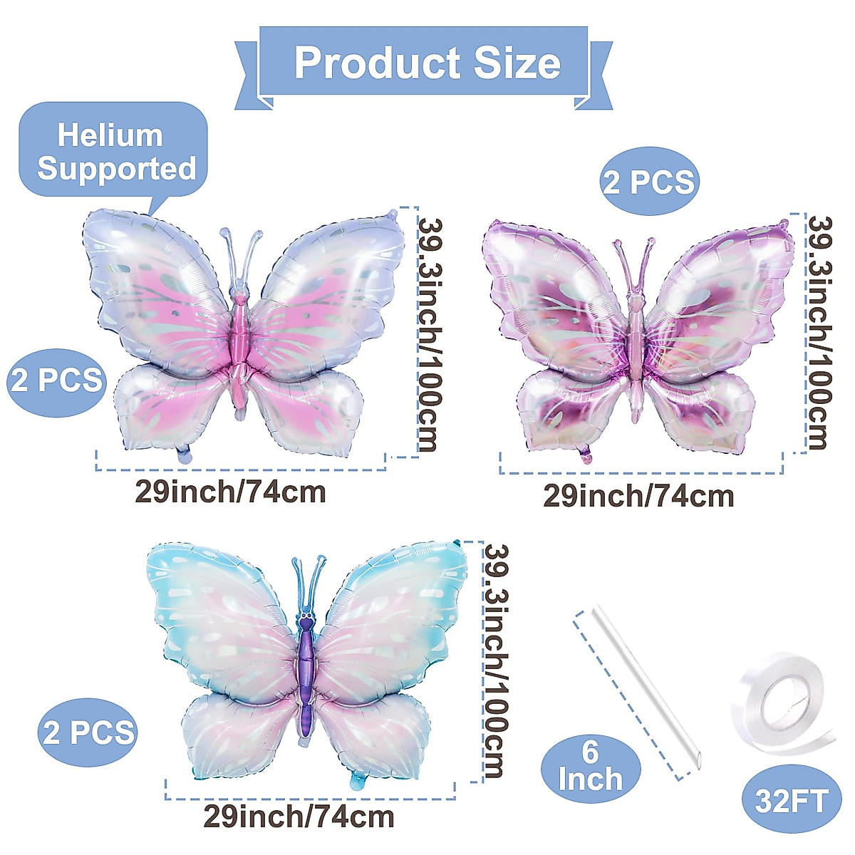 6 Pieces 39 Inches Butterfly Balloons - Large Gradient Butterflies Foil Mylar Balloons for Birthdays, Garden, Spring Decorations, Butterfly-Themed Events, Baby Shower, and Wedding Party Supplies