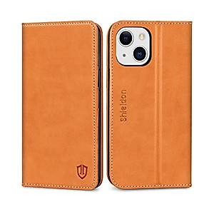 SHIELDON Case for iPhone 13 5G, Genuine Leather Durable Flip Wallet Kickstand RFID Blocking Credit Card Holder Magnetic Shockproof Protective Case Compatible with iPhone 13 (6.1" 2021 Release) - Brown