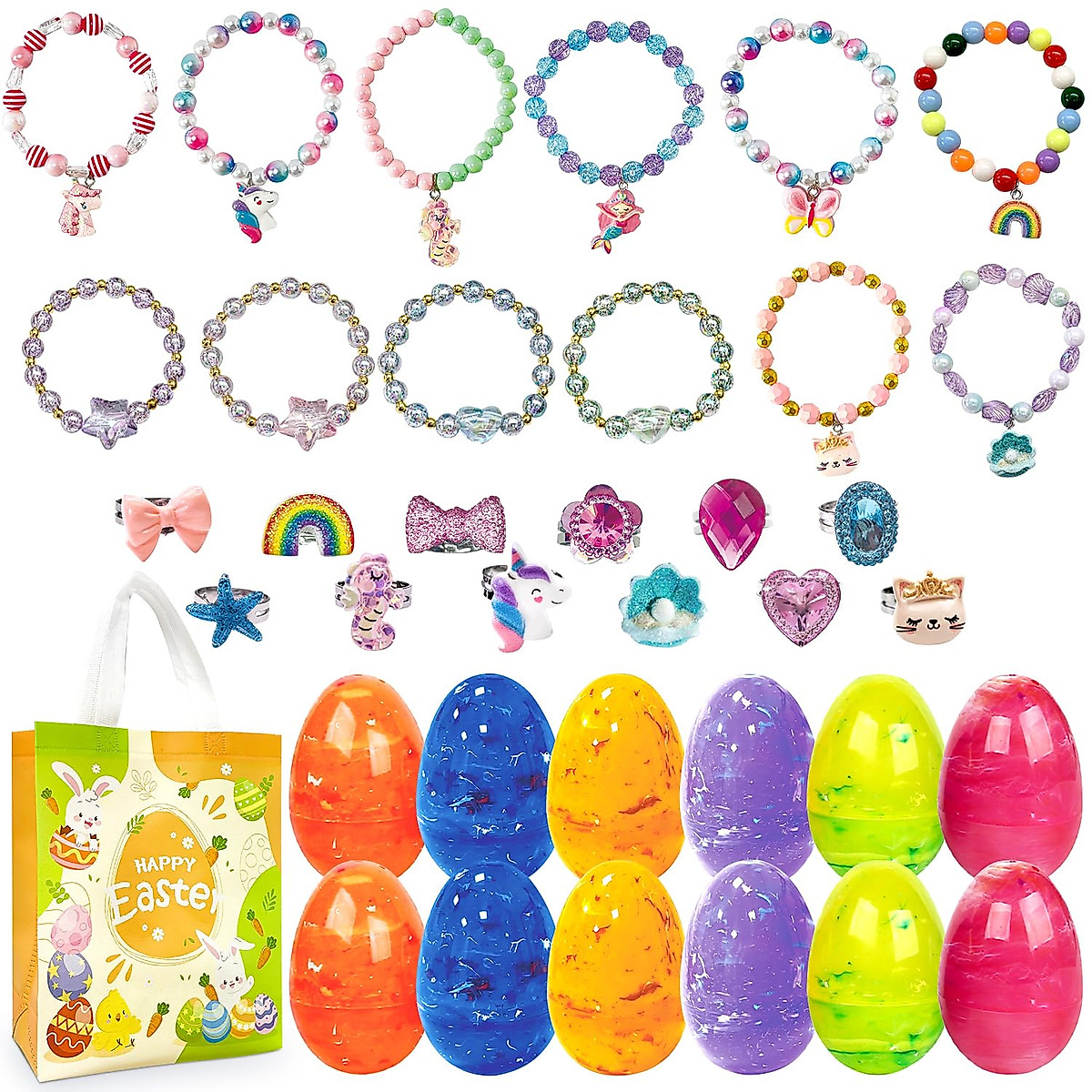 Aviski 12Pcs Easter Surprise Eggs with Cute Bracelet & Ring Inside for Easter Theme Party Favors, Supplies for Easter Egg Hunt, Basket Stuffers/Fillers, Classroom Prize Supplies Toddler Boys Girls