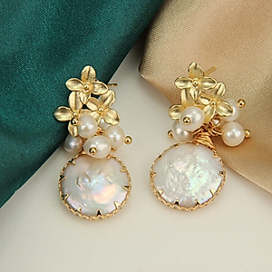 zqhhyy 18k Gold Baroque White Big Pearl Drop Earrings For Women Handmade Trendy Comfy Real Freshwater Pearls Aesthetic Life Tree Dangle Earrings Engaged Wedding Bridesmaid Hanging Jewelry (flower)