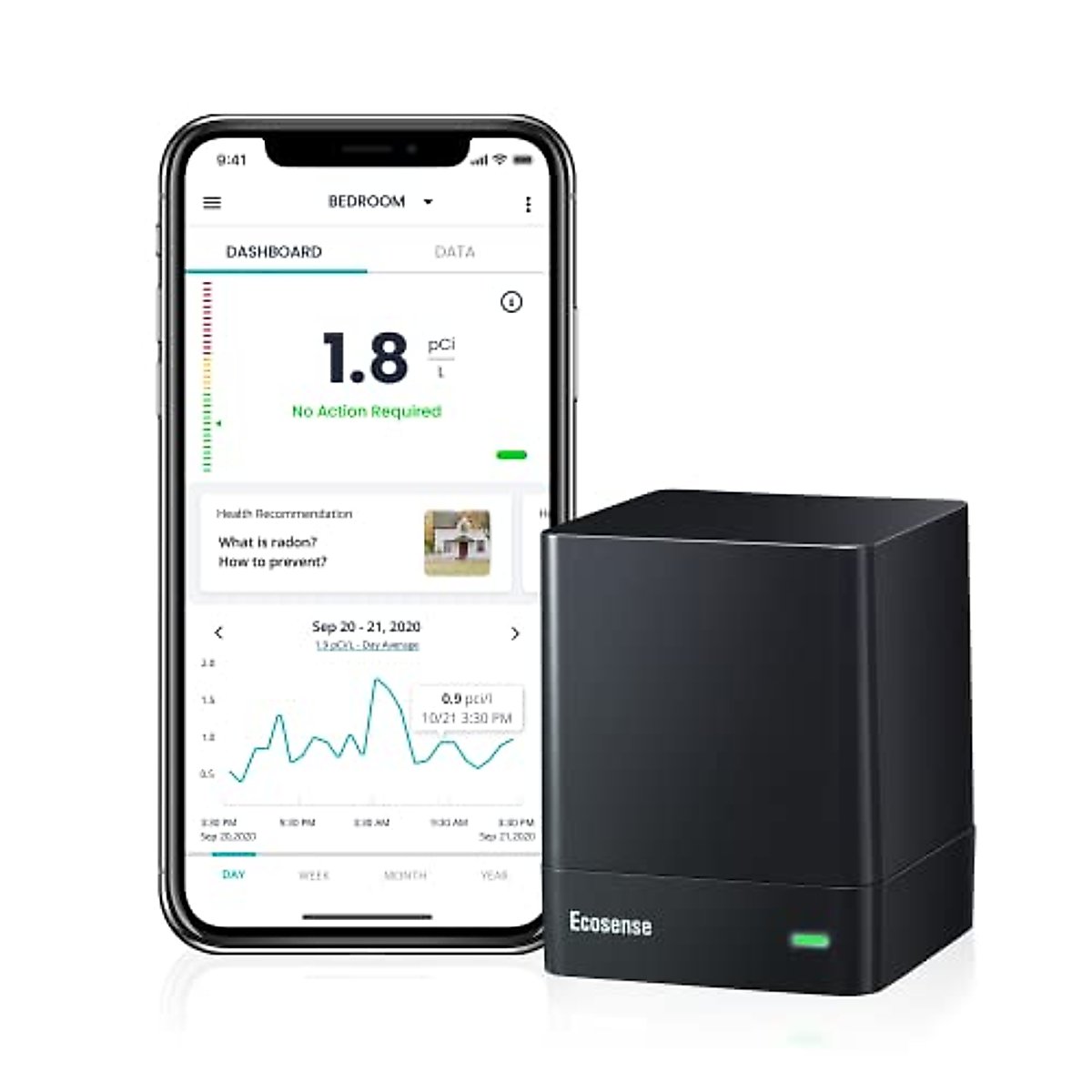 Ecosense EQ100 EcoQube, Smart Continuous Radon Detector for Home, Easy to Use, Accurate, Wi-Fi, USA Version pCi/L