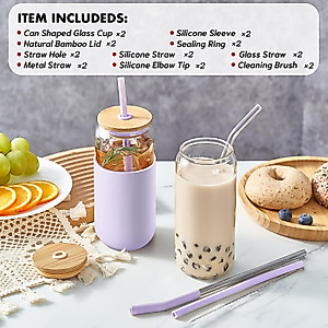 WillCome 20oz Glass Cups with Lids and 3 Types of Straws,Beer Can Shaped Glass Tumbler with Protective Sleeve,Cute Iced Glass Coffee Cup,Drinking Glasses for Smoothie,Beer,Gift,2Pack Green Purple