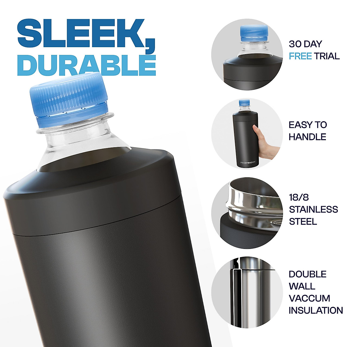 Frost Buddy Universal XL Can Cooler - Fits All - For 12, 16, 20, and 24 ounce Bottles - Insulated Double-Walled Stainless Steel (Black Wood)