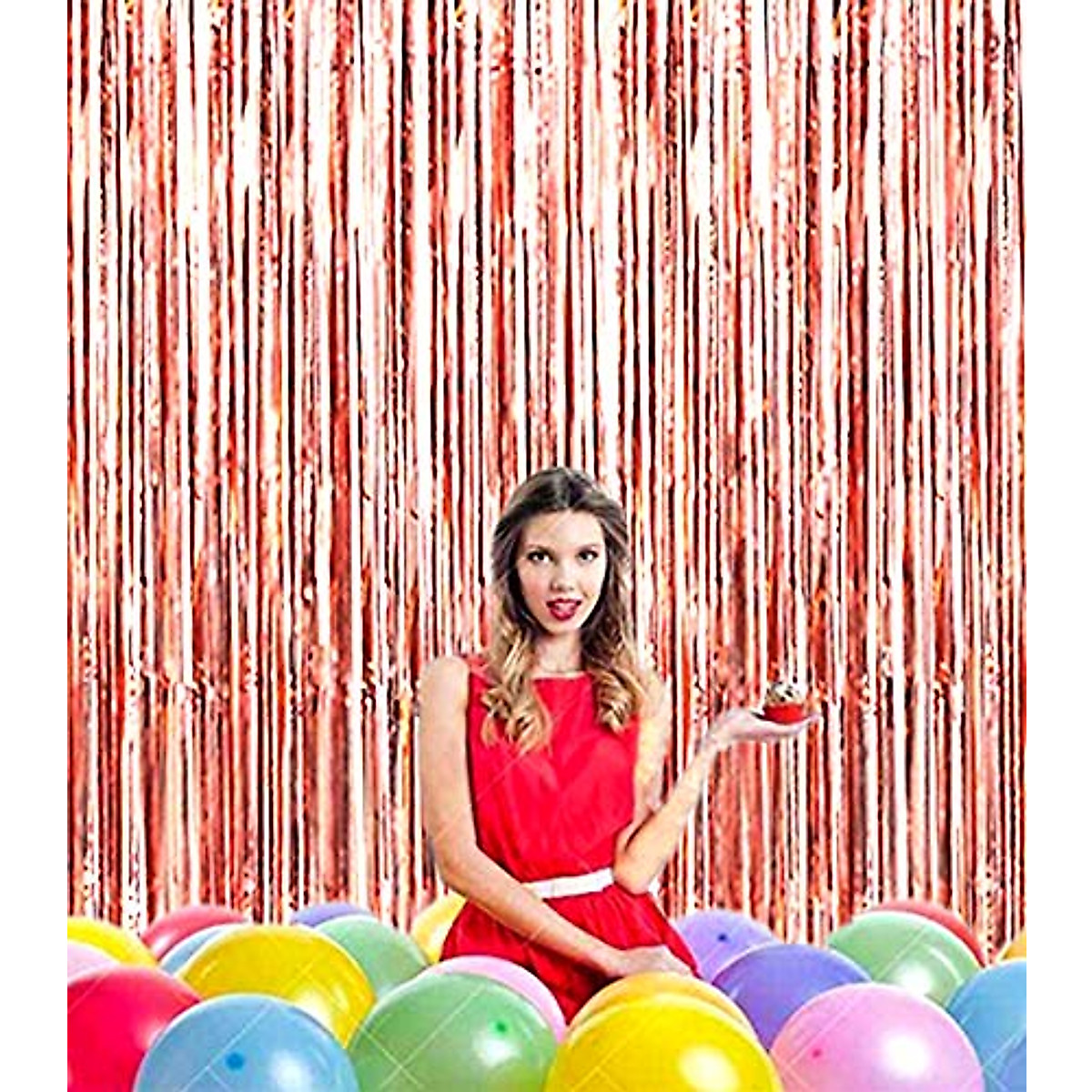 2 Pcs 3.2ft x 8.2ft Shiny Rose Gold Metallic Tinsel Foil Fringe Curtains Photo Booth Backdrop for Birthday Wedding Holiday Celebration Bachelorette Party Decorations (Rose Gold)