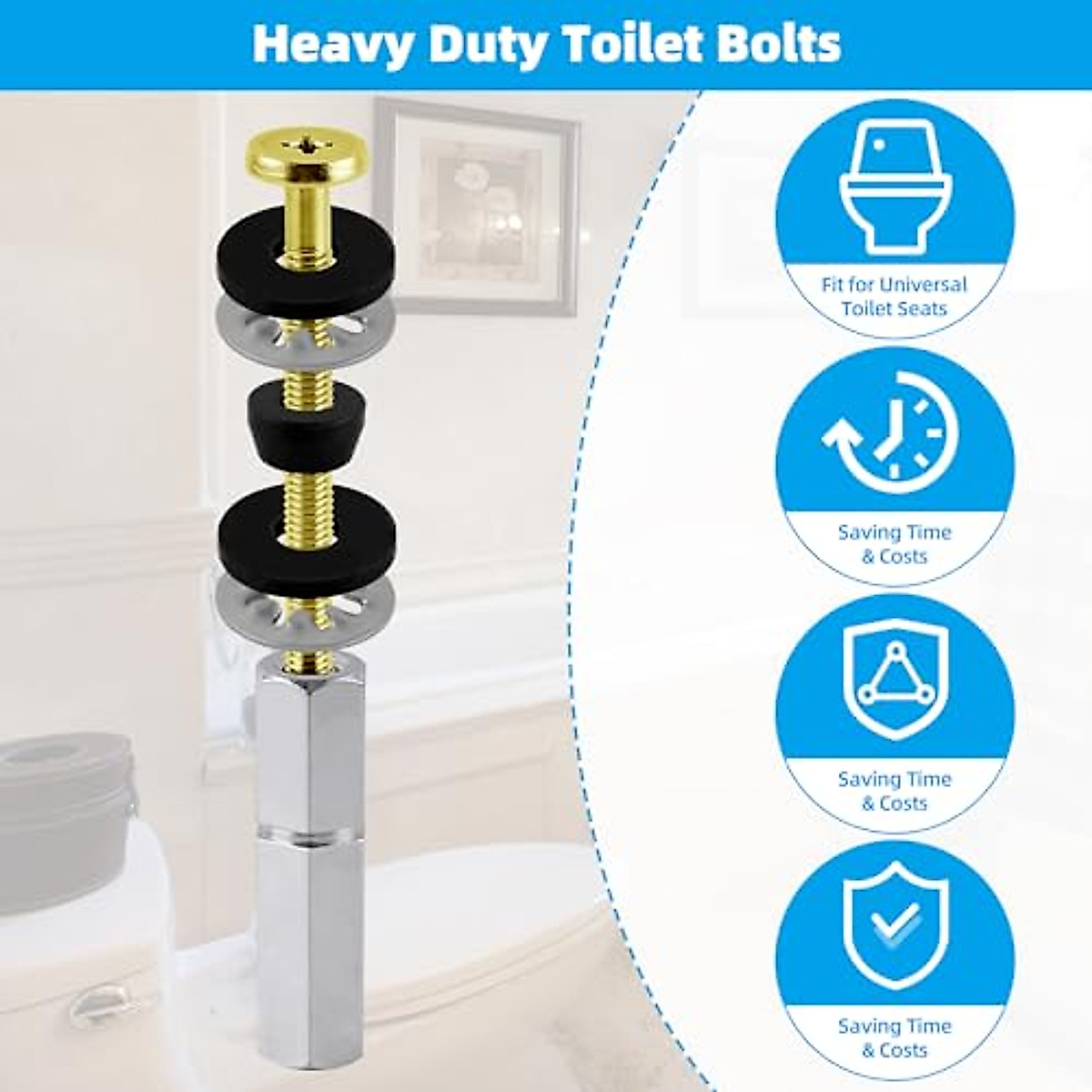 Hibbent 2 PCS Universal Toilet Seat Bolts Kit, Heavy Duty Solid Brass Toilet Bolts with Extra Long Stainless Steel Downlock Nuts Rubber Washers Gaskets, Easy to Install - Bathroom Toilet Repair Screw