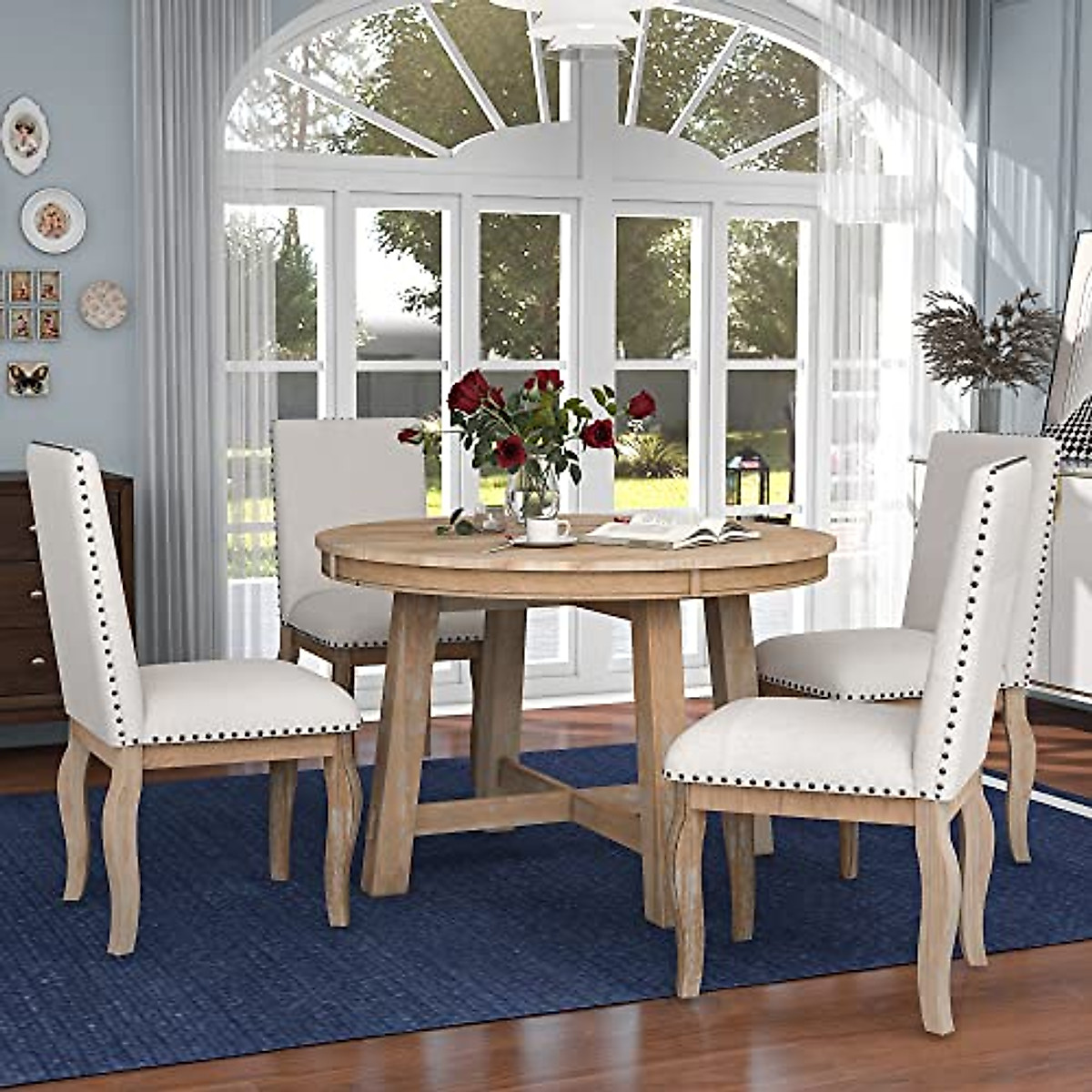 GLORHOME 5-Piece Farmhouse Set for 4 to 6 Round Extendable Table and 4 Upholstered Dining Chairs (Natural Wood Wash)