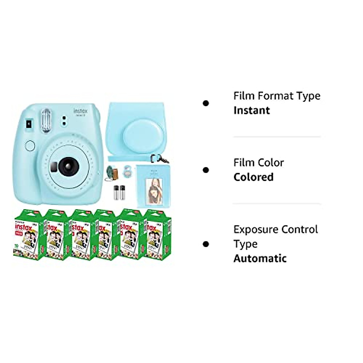FujiFilm Instax Mini 9 Instant Camera + Fujifilm Instax Mini Film (60 Sheets) Bundle with Deals Number One Accessories Including Carrying Case, Selfie Lens, Photo Album (Ice Blue)