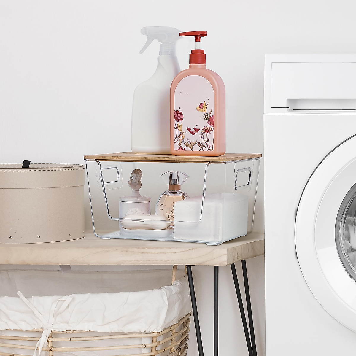 Citylife 2 PCS Small Stackable Storage with Bamboo Top Acrylic Trash Bag Dispenser Open Laundry Room Organizer with Handle