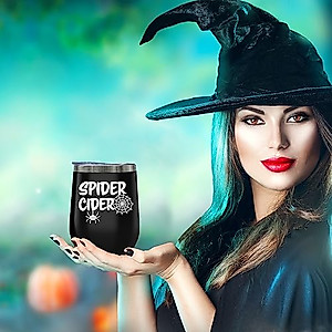 Halloween Tumbler Stemless Wine Glass – 12Oz Wine Tumbler with Straw - Cute Spider Insulated Steel Tumblers Halloween Cup - Reusable Halloween Mugs (Modern/Black - Spider Cider)