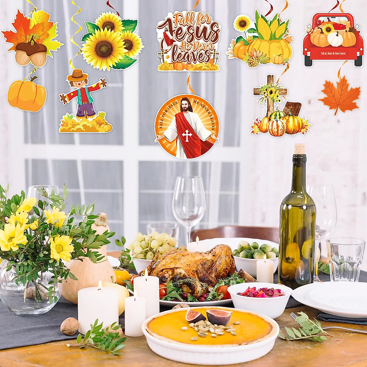40 Pcs Fall For Jesus He Never Leaves Hanging Decorations, NO-DIY Fall Party Decorations Hanging Swirls, Christian Fall Decorations Whirls Glitter Foil Ceiling Swirls