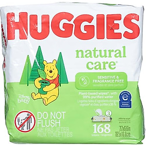 Sensitive Baby Wipes, Huggies Natural Care Baby Diaper Wipes, Unscented, Hypoallergenic, 99% Purified Water, 3 Flip-Top Packs (168 Wipes Total)