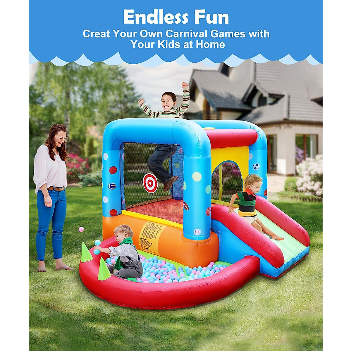 Step4Fun Inflatable Bounce House, Kids Castle Slide Bouncer for Children Jumping Outdoor and Indoor Party, Baby Backyard Water Jumper Toy with Blower, Ball Pit Pool, Ideal Gifts（112 x 98 x 65”）