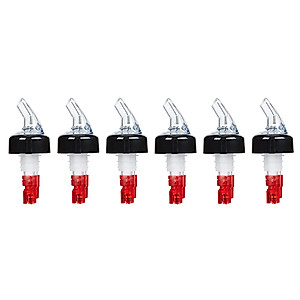 (Pack of 6) Measured Liquor Bottle Pourers, 1 oz, Clear Spout Bottle Pourer with Red Tail and Black Collar, Measured Pour Spouts by Tezzorio