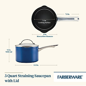 Farberware Style Nonstick Cookware Straining Saucepan with Lid, 3 Quart, Blue