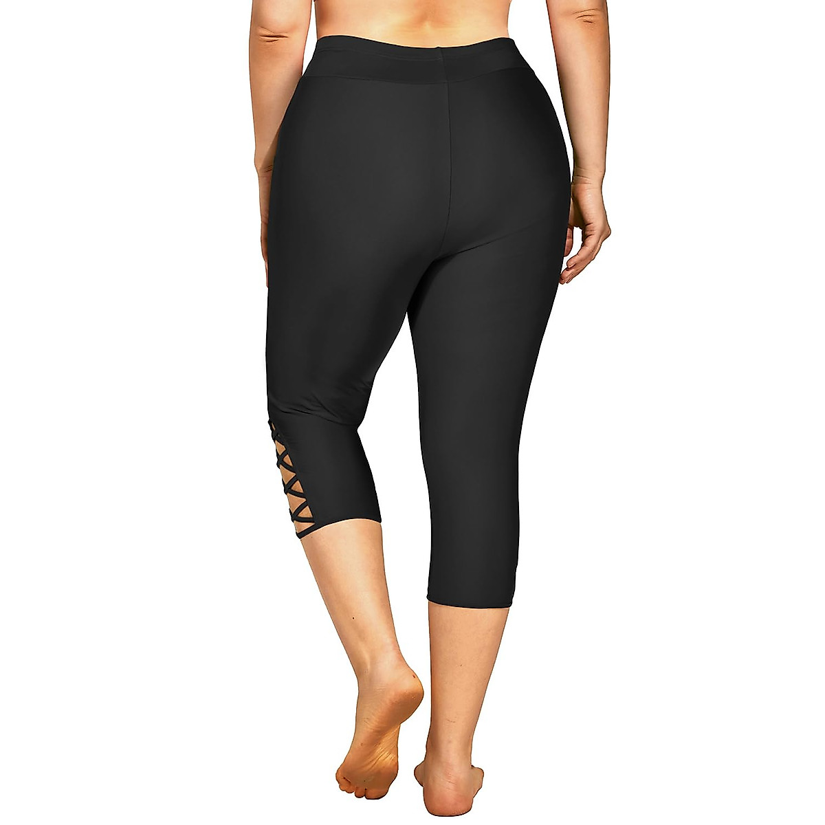Holipick Black Plus Size Swim Pants for Women Criss Cross Swim Capris High Waisted Swim Leggings UPF 50+ Long Swim Shorts 16W